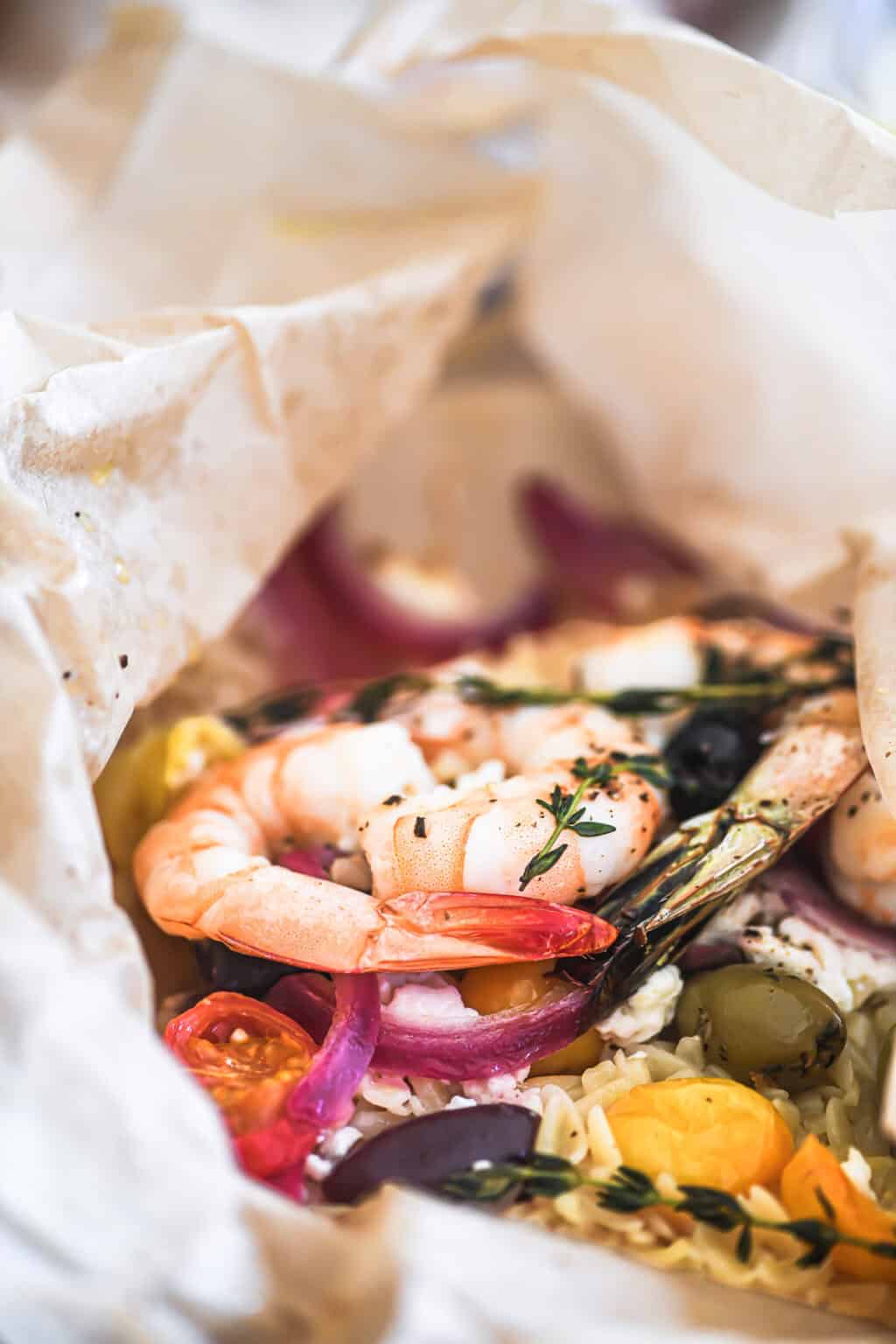 Greek Shrimp Packets with Orzo • EASY CLEAN UP!